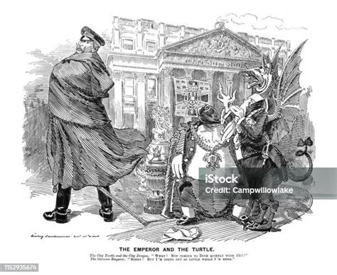영국의 풍자 만화 만화 캐리 커 처 일러스트독일 황제 방문 영국도시 거북시티 드래곤 1880 1889 년에 대한 스톡 벡터 아트 및 기타 이미지 1880 1889 년