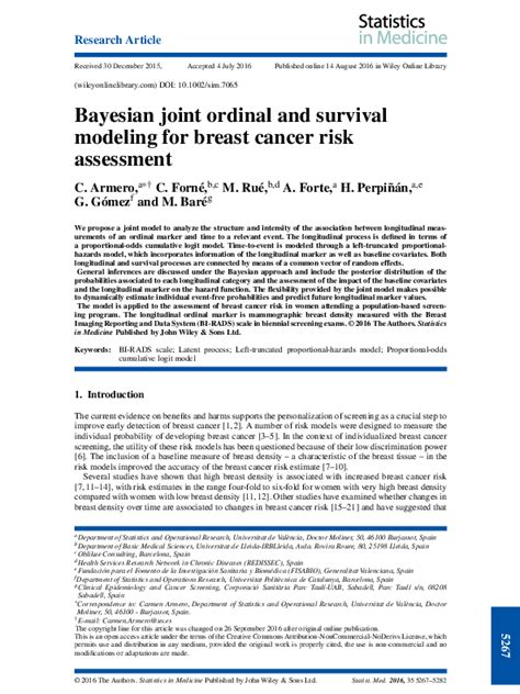 Pdf Bayesian Joint Ordinal And Survival Modeling For Breast Cancer Risk Assessment C Armero