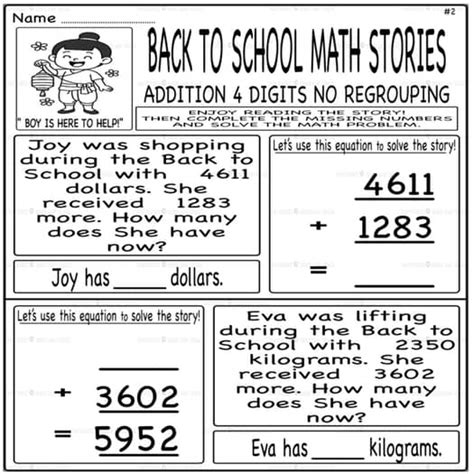 Back To School 4 Digit Addition Word Problems No Regrouping Practice Pack Level