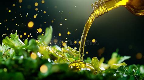 Olive Oil Drizzling In Air Onto Fresh Greens Stock Illustration