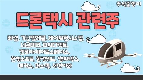테마주 드론택시 관련주 🚁🚖 베셀 기산텔레콤 제이씨현시스템 네온테크 피씨디렉트 켄코아에어로스페이스 한빛소프트 엠씨넥스 매커스 퍼스텍 등 추천주