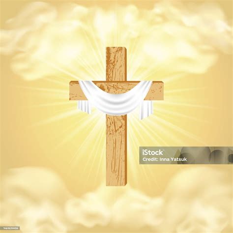 부활절 신성한 햇빛 하늘 구름의 배경에 수의가 있는 기독교 나무 십자가 신앙의 종교적 상징 종려 주일 부활절 그리스도의 부활과 엽서벡터 그림 천주교에 대한 스톡 벡터 아트