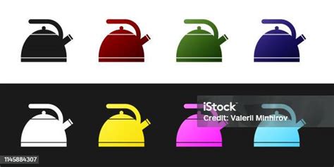 검은 색과 흰색 배경에 고립 된 핸들 아이콘으로 주전자를 설정 합니다 찻주전자 아이콘입니다 벡터 일러스트 가정 생활에 대한 스톡