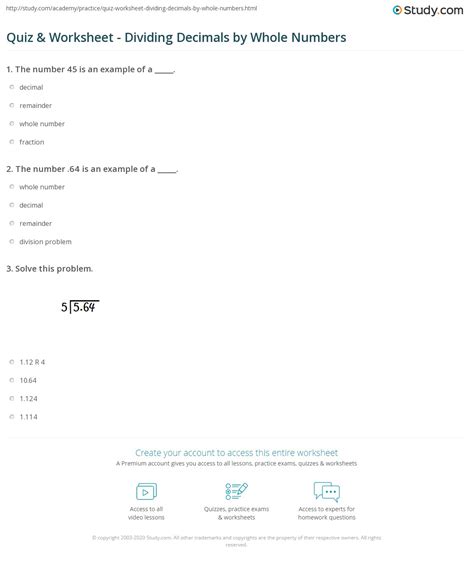 Quiz Worksheet Dividing Decimals By Whole Numbers Study