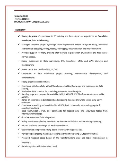 Lakshmi Snowflake Resume Pdf Data Warehouse Sql