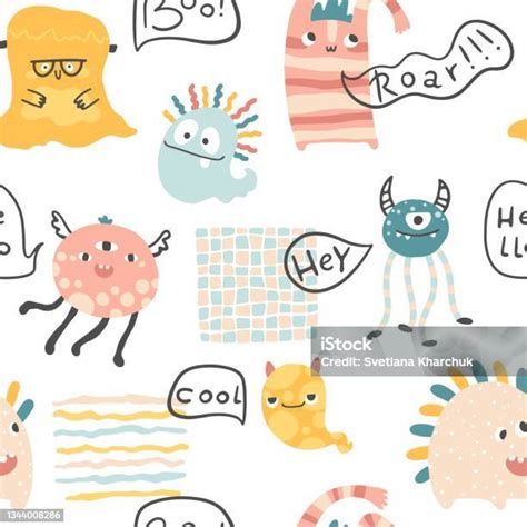 레터링 몬스터 할로윈 원활한 패턴 간단한 손으로 그린 스칸디나비아 스타일의 귀여운 만화 캐릭터 벡터 유치한 재미있는 낙서 일러스트레이션 아기 옷 직물 직물 0명에 대한 스톡