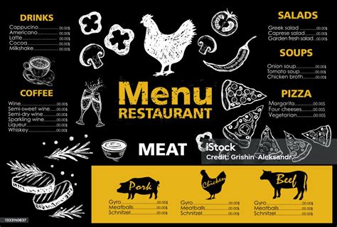 레스토랑 스케치 일러스트레이션을 위한 디자인 메뉴 템플릿입니다 벡터 전단지 고기에 대한 스톡 벡터 아트 및 기타 이미지 고기 굽기 낙서 드로잉 Istock