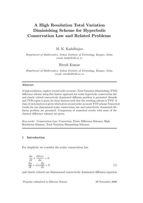 Pdf A High Resolution Total Variation Diminishing Scheme For Hyperbolic Conservation Law And
