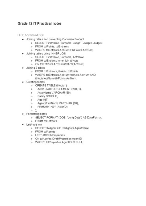 Grade 12 It Practical Notes Lu1 Advanced Sql Techniques And Class