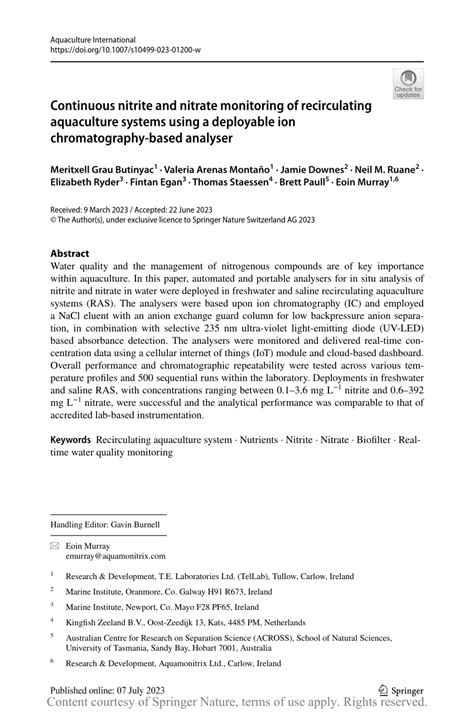 Continuous Nitrite And Nitrate Monitoring Of Recirculating Aquaculture