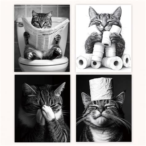 Poecinvi Funny Cat Bathroom Wall Art Prints Poster Set Of 4
