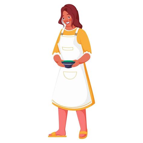 Young Woman Wearing Apron With Hold Bowl On White Background 25054091