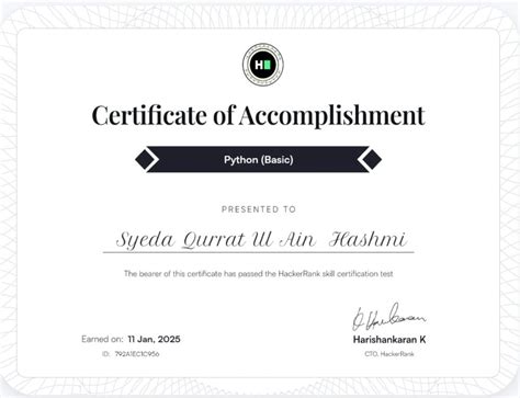 syeda qurrat ul ain hashmi on linkedin hackerrank certification problemsolving
