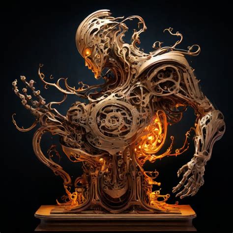 Ornate Wooden Robot Sculpture With Glowing Core Stock Image Image Of Artistic Generated