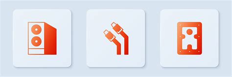 Set Lan Cable Network Internet Case Of Computer And Hard Disk Drive Hdd White Square Button