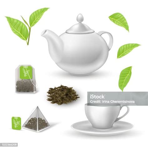 녹색 허브 차 요소 세트 찻주전자 접시에 컵 정사각형 및 삼각형 티백 말린 잎 더미 분기 벡터 일러스트에 식물 흰색 배경에