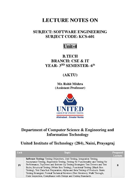 Se Kcs 601 Unit 4 Notes Lecture Notes On Subject Software Engineering Subject Code Kcs