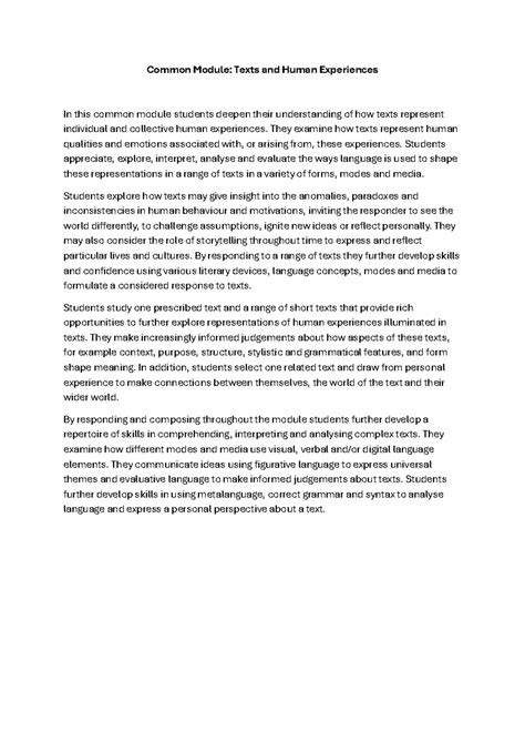 Standard Common Module Rubric Common Module Texts And Human Experiences In This Common Module