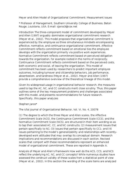 Meyer And Allen Model Of Organizational Commitment Validity