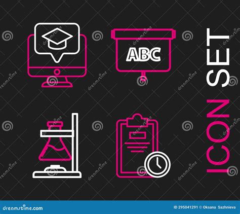 Set Line Exam Sheet With Clock Glass Test Tube Flask On Fire Chalkboard And Monitor Graduation