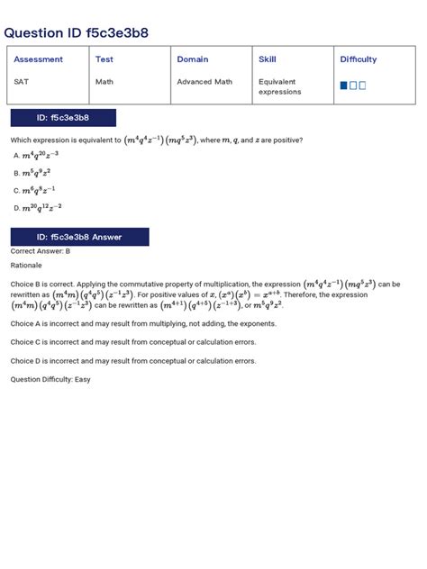 Equivalent Expressions Easy 26questions Pdf Sat Multiplication