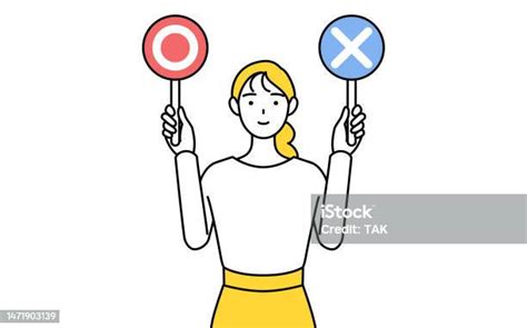 정답과 오답을 나타내는 막대기를 들고 캐주얼하게 옷을 입은 젊은 여성 20 29세에 대한 스톡 벡터 아트 및 기타 이미지 20 29세 30 39세 게임쇼 호스트