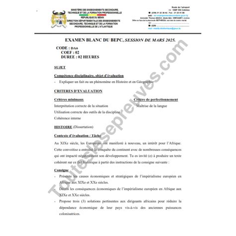 Sujet Examen Blanc Bepc 2025 Mathématiques Département Alibori