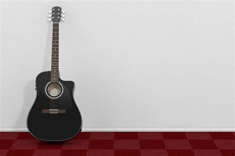 레드 카펫 바닥와 흰 벽에에서 검은 나무 음향 기타 3 차원 렌더링 기타 연주자에 대한 스톡 사진 및 기타 이미지 기타 연주자 기타 현악기 디자인 Istock