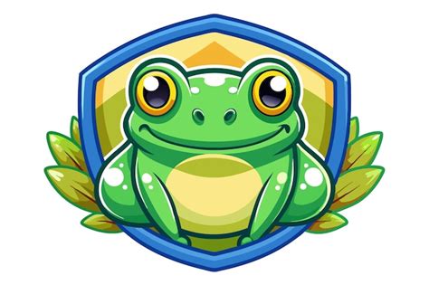 Cheerful Green Frog Inside A Blue And Yellow Shield Premium Ai