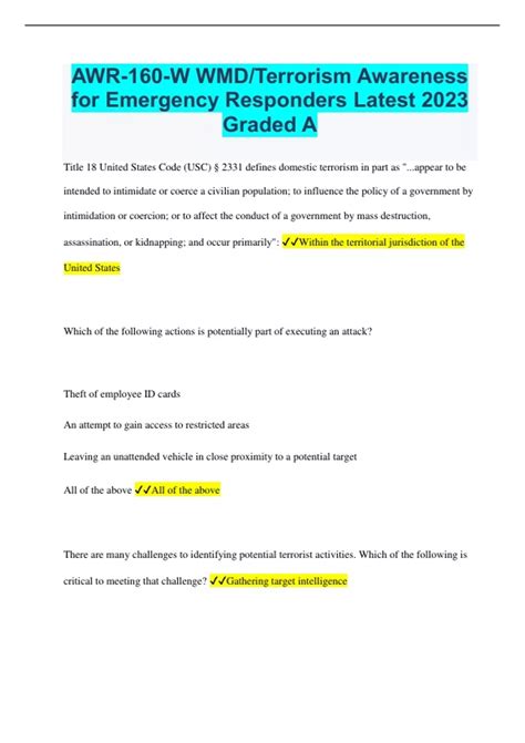 AWR W WMD Terrorism Awareness For Emergency Responders Bundled Exams Questions And Answers