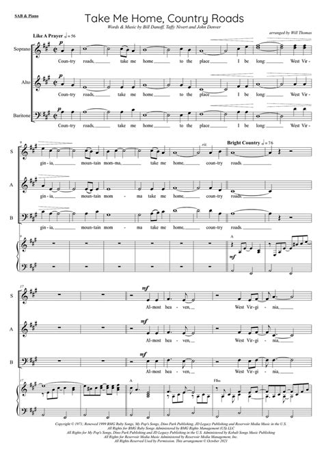 Take Me Home Country Roads By John Denver Choir 3 Part Sab