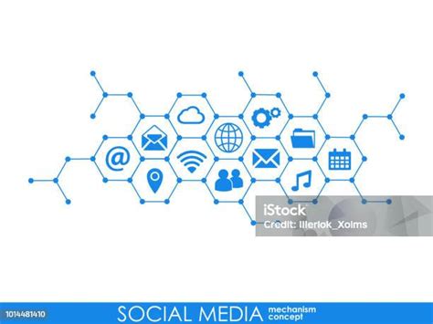 소셜 미디어 연결 개념입니다 통합된 원와 디지털 인터넷 네트워크에 대 한 아이콘 백그라운드를 추상화 연결 통신 기술 글로벌 개념 벡터 Infograp 그림입니다 Brand