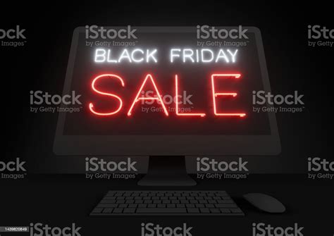 블랙 프라이데이 흰색은 컴퓨터에 빛나는 네온 텍스트와 빨간색 판매 텍스트입니다 가로 배너 디자인 템플릿 복사 공간 창의적인 배경 3d 그림 3d 디자인 0명에 대한 스톡