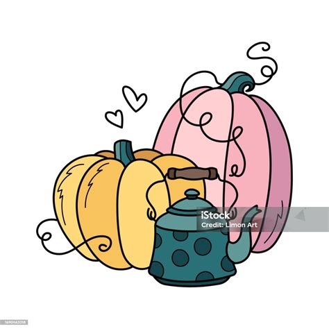 가을 호박과 빈티지 찻주전자 귀여운 손으로 그린 그림 사랑스러운 카와이 구성 벡터 만화 플랫 클립 아트 계절 인사말 카드 의류 인쇄 스티커 포장 가을에 대한 스톡 벡터 아트