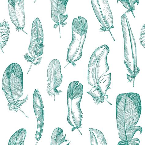 완벽 한 패턴 격리 된 배경에 새 깃털의 현실적인 스케치 자세한 잉크 라인 펜 클립 아트 흑백 Boho 클립 아트 손으로 그린 조각 스타일 깃털 빈티지 벡터 프리미엄 벡터