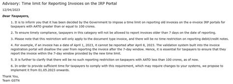 GST Time Duration Limit For Reporting Of Tax Invoices W E F St May On IRP