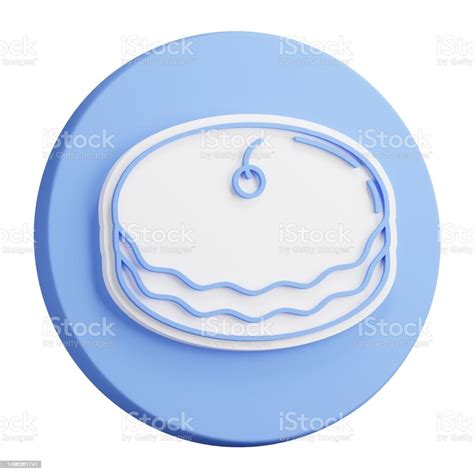 케이크의 3d 버튼 렌더링 위에 체리가 있는 향긋한 파이 티 파티와 함께 이국적인 디저트 흰색 배경에 격리된 사실적인 파란색 흰색 그림 3차원 형태에 대한 스톡 사진 및