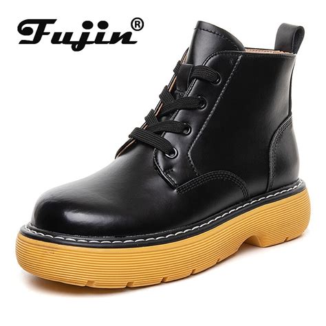 FUJIN 정품 가죽 여성 부츠 플랫폼 청키 고무 밑창 통기성 진짜 편안한 레이스 업 여성용 BOTAS 보낼 티몬