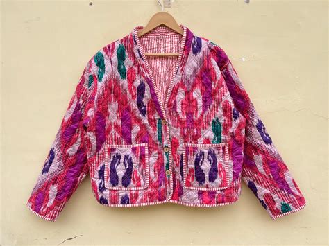 Ikat Quilted Jacket Handmade V Neck Kimono Style Etsy