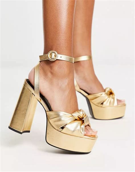 Asos Design Natia Knotted Platform Heeled Sandals In Gold Asos Gold