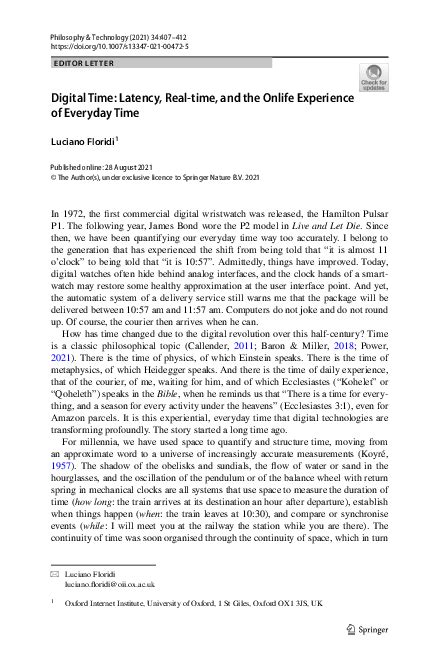 Pdf Digital Time Latency Real Time And The Onlife Experience Of Everyday Time