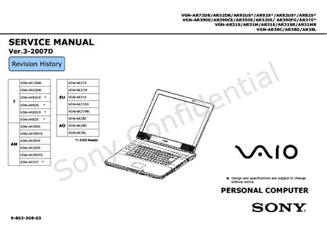 Sony Vaio Vgn Ar31 38 53 72 82 92 320 350 370 390 Sm Service Manual