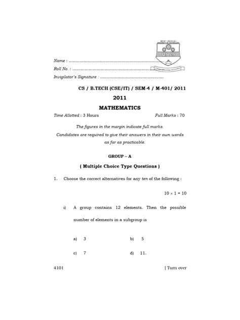 Btech Cse 4 Sem Mathematics 2011 Pdf Abstract Algebra Algebra