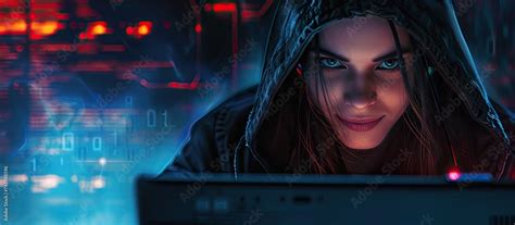 Female Hacker Staring At The Screen Smiling Sitting In Front Of Computer And Laptop Thinking How