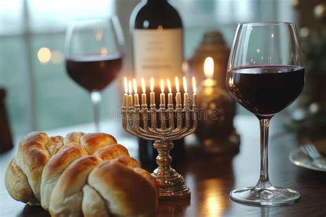 Festive Hanukkah Celebration With Menorah Wine And Challah Bread On