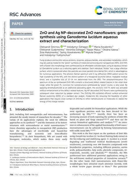 Pdf Zno And Ag Np Decorated Zno Nanoflowers Green Synthesis Using Ganoderma Lucidum Aqueous