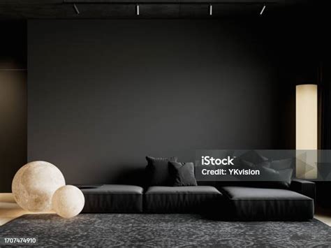 소파 달 플로어 램프 카펫 및 장식이 있는 검은색 인테리어 3d 렌더링 일러스트레이션 모형입니다 0명에 대한 스톡 사진 및 기타 이미지 Istock