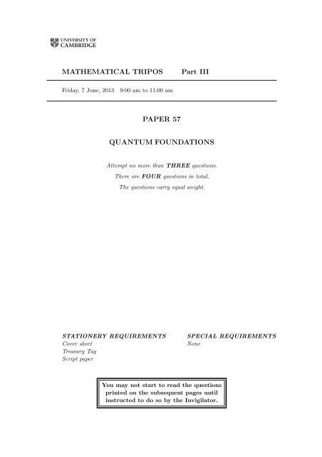 mathematical tripos part iii paper 57 quantum