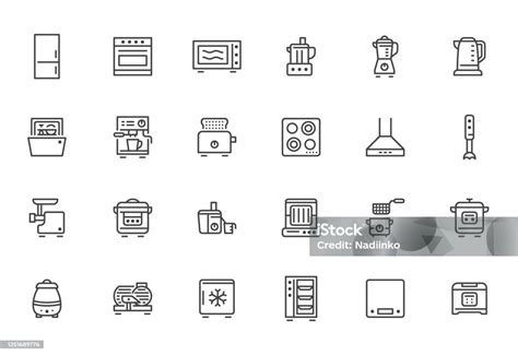 주방 어플라이언스 라인 아이콘 세트입니다 오븐 믹서 식기 세척기 푸드 프로세서 콤비 증기기 최소한의 벡터 일러스트레이션 요리 장비의 간단한 윤곽 표지판 픽셀 완벽한 편집