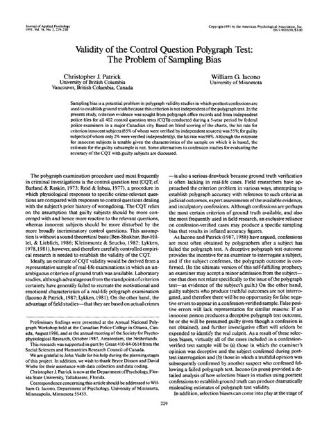 PDF Validity Of The Control Question Polygraph Test The Problem Of Sampling Bias